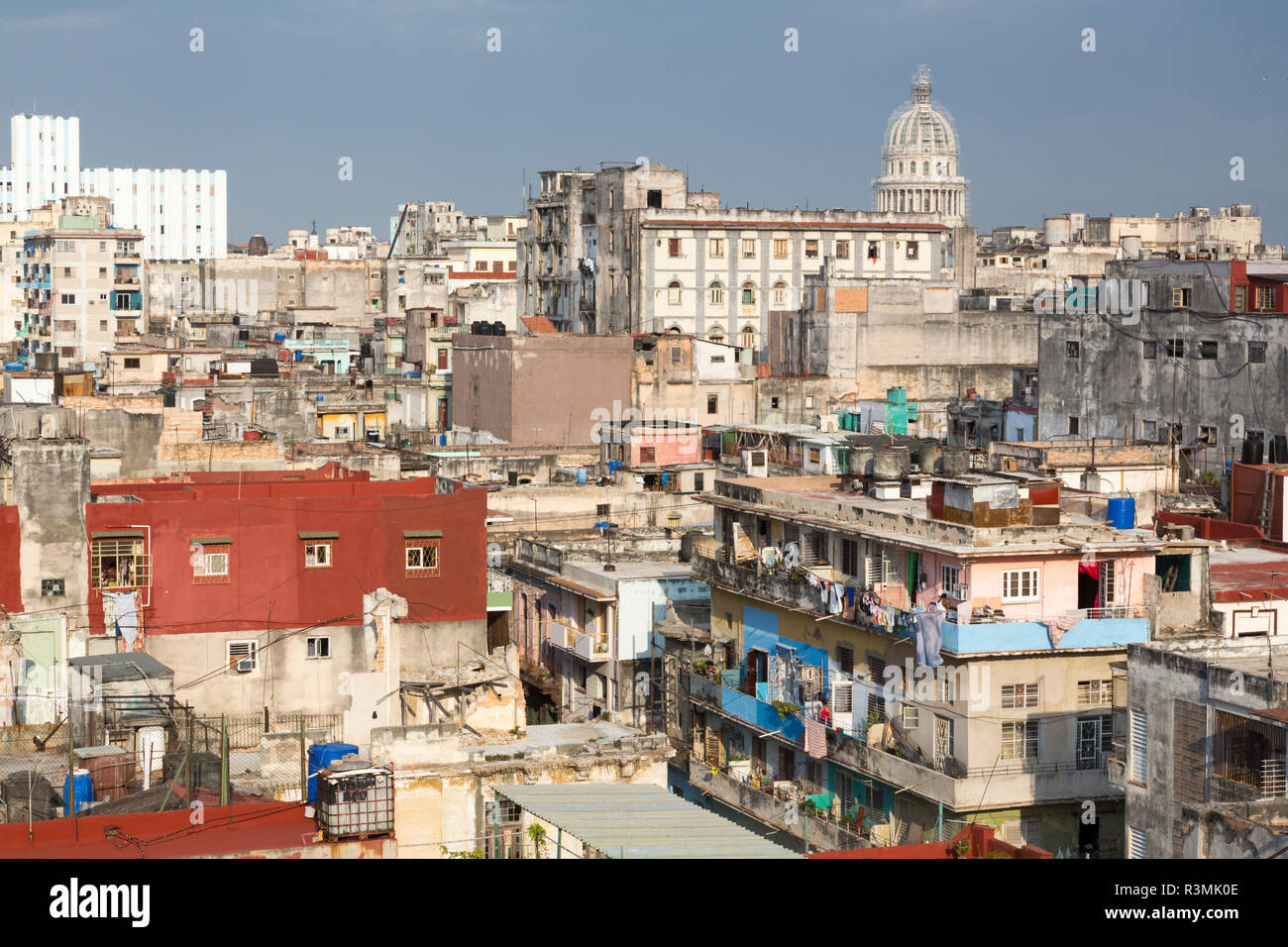 Cuba, Havana. Overview of city neighborhood and capitol dome. Credit as ...