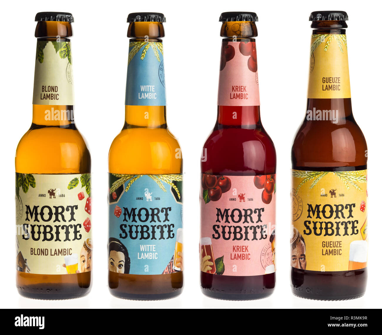 Bottles of Belgian Mort Subite Lambic fruit beer isolated on a white ...