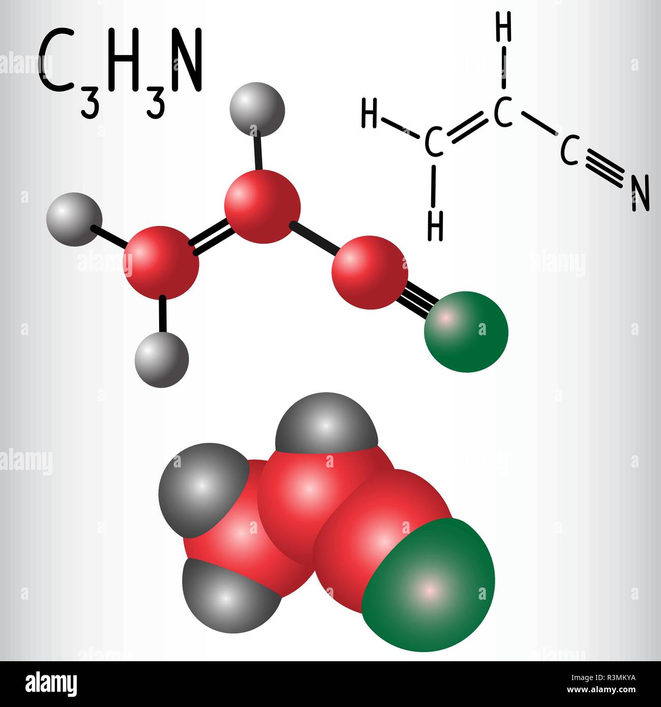 Acrylonitrile molecule - structural chemical formula and model. Used in ...