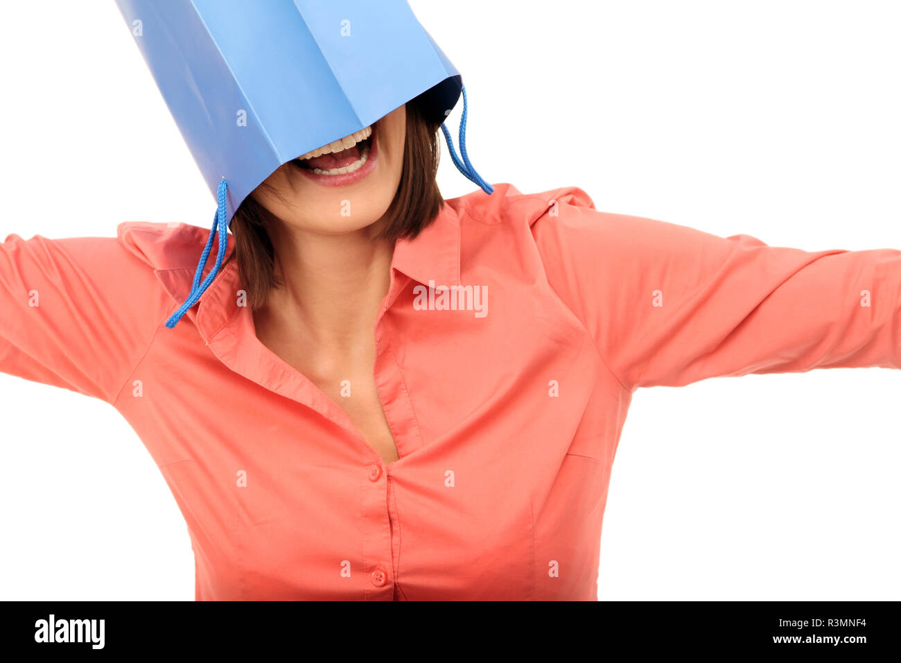 woman with shopping bag over her head Stock Photo - Alamy