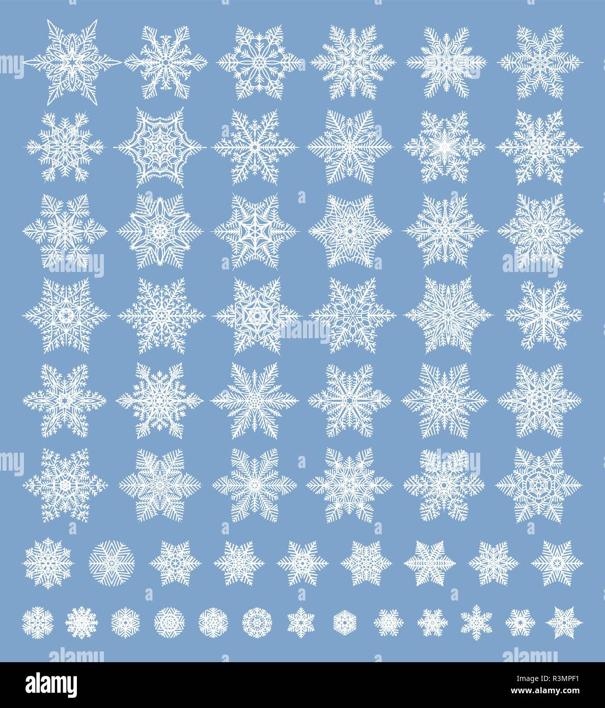 Cute white snowflakes various types collection on blue background. Flat ...