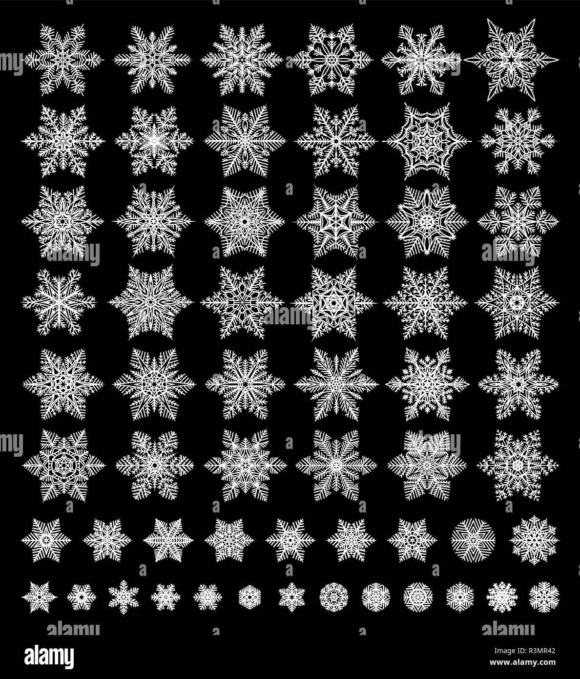 Cute white snowflakes various types collection isolated on black ...
