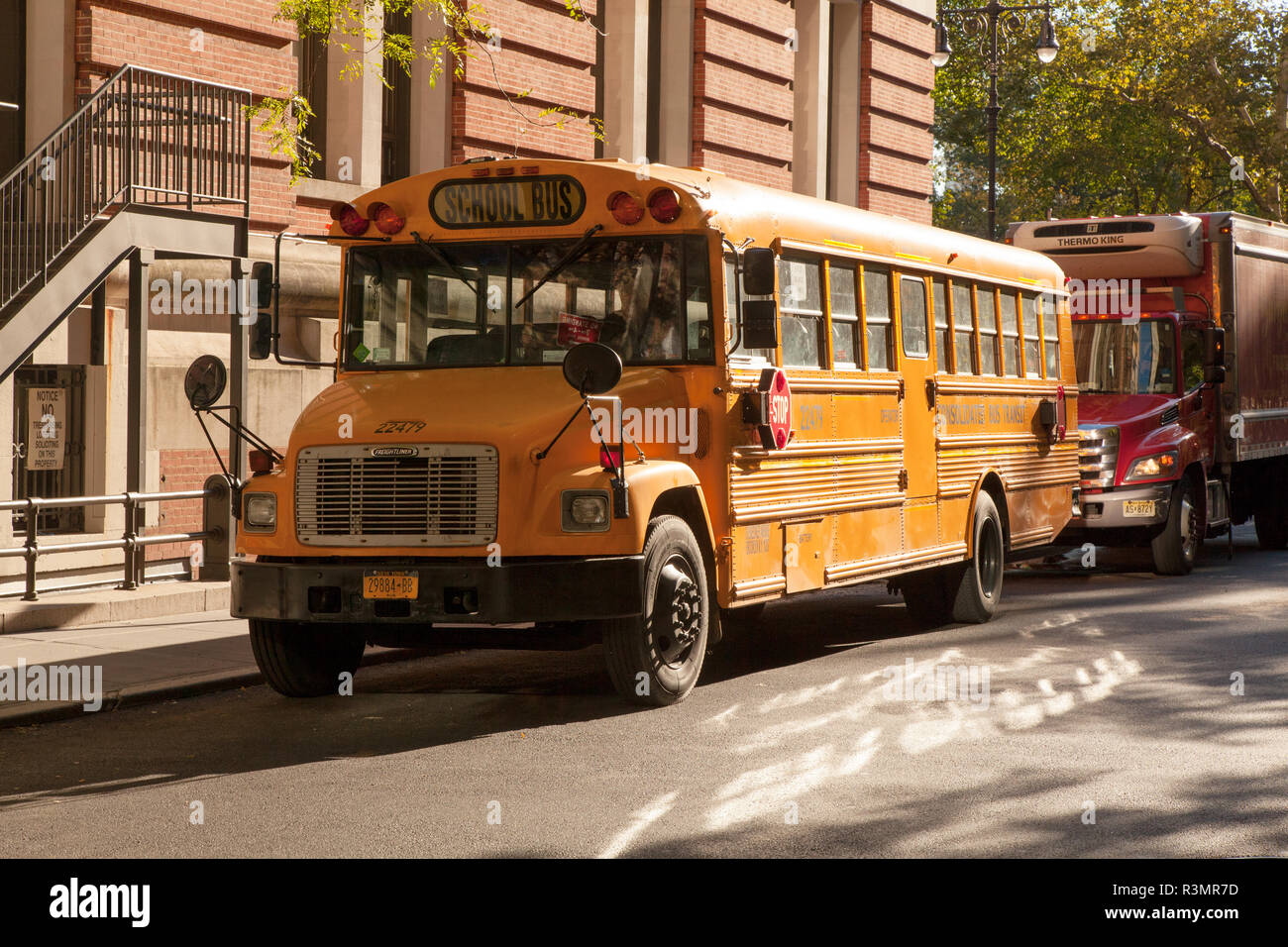 Yellow American school bus near Columbus Circle, New York City, United ...