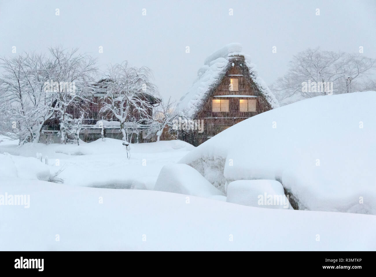 Gassho-zukuri houses in snow storm, Shirakawa-go, Gifu Prefecture ...