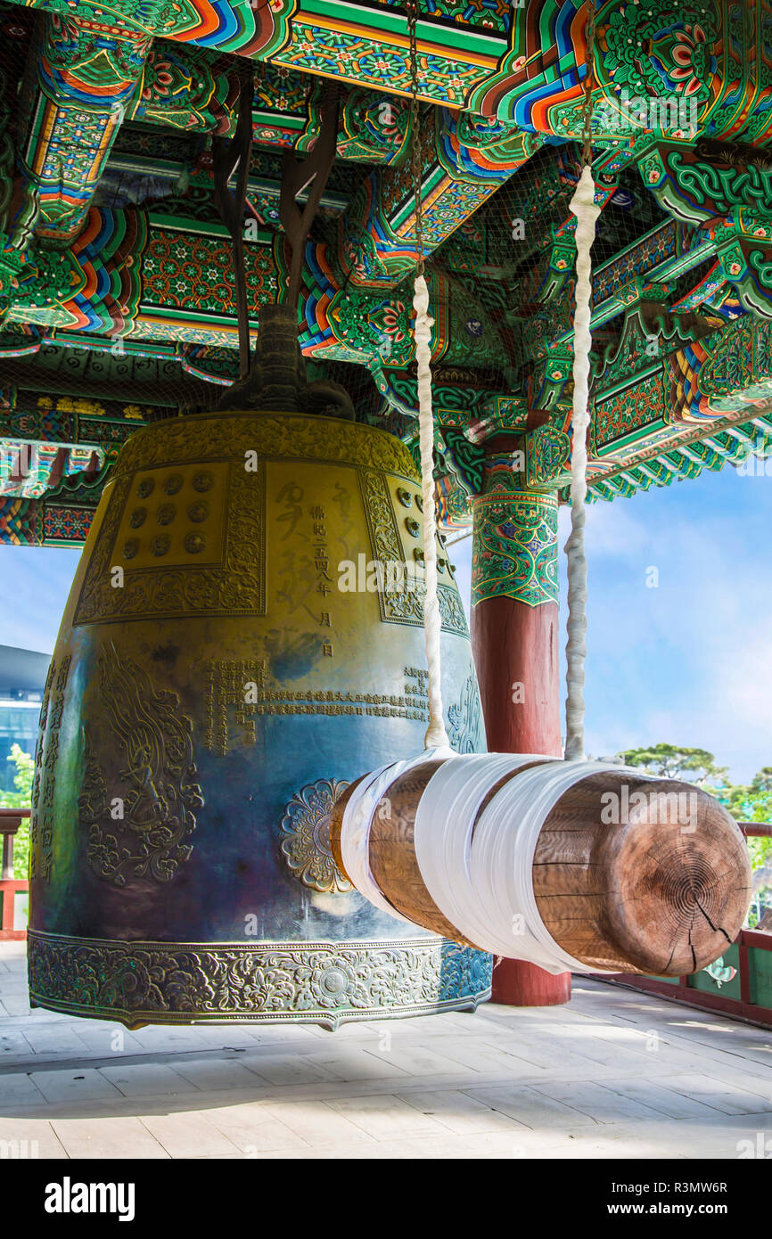 Seoul, South Korea. Massive ornate ceremonial metal bell at Bongeunsa ...