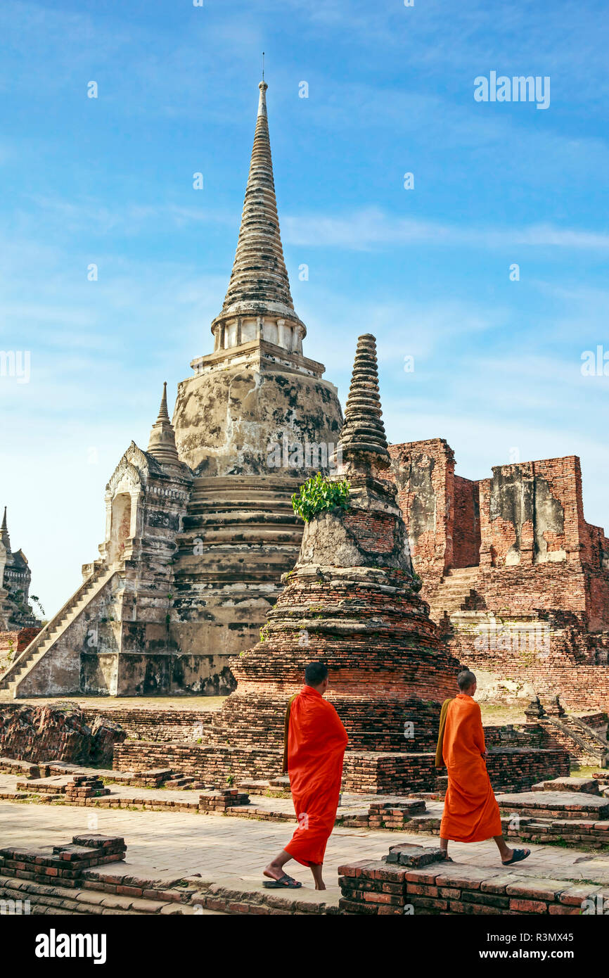 Ayutthaya, Thailand. Buddhist Monks tour the temples of Wat Phra ...