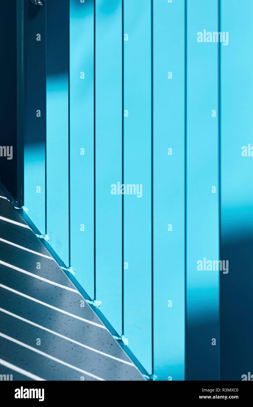 Abstract detail of bright blue bannister. Olga Primary School, London ...