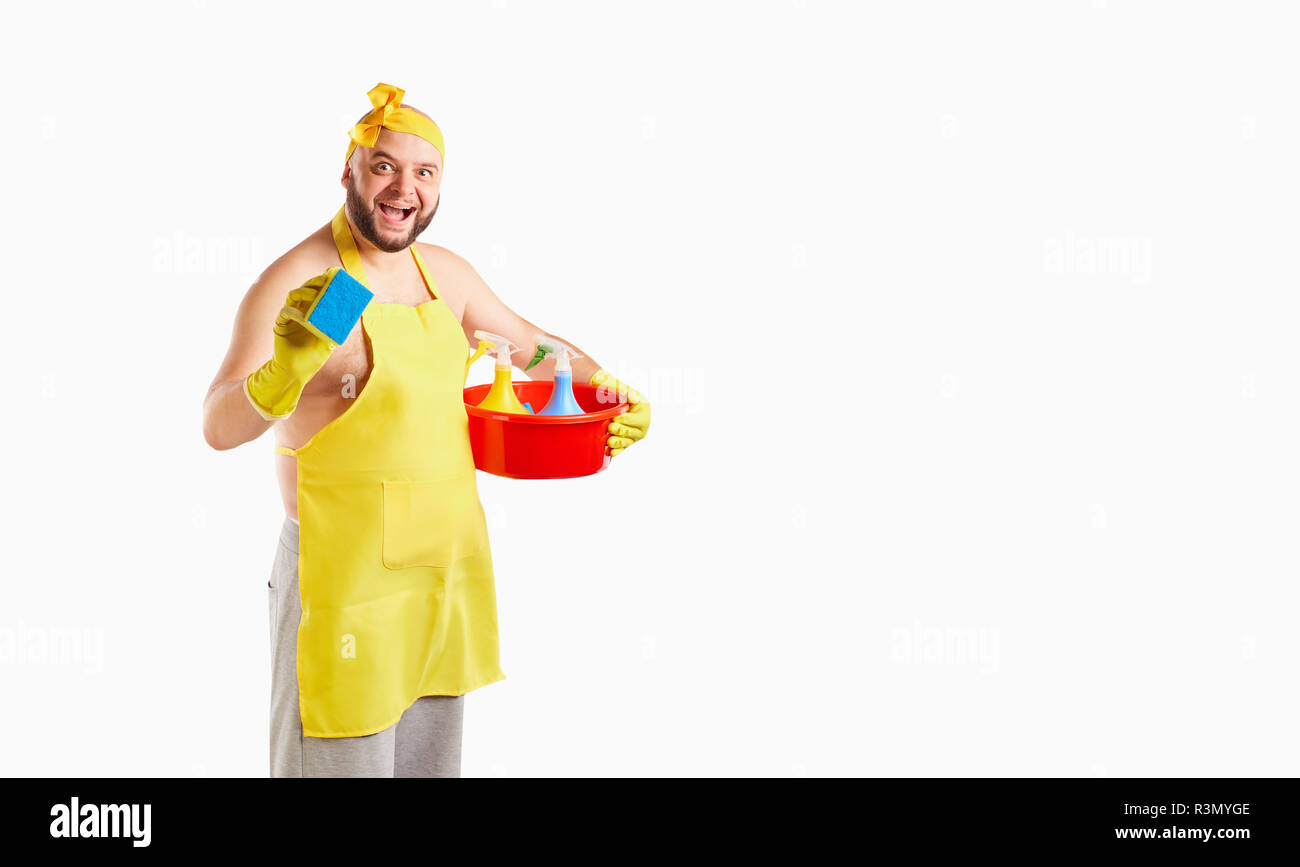 Funny fat cleaning man in an apron on cleaning Stock Photo - Alamy