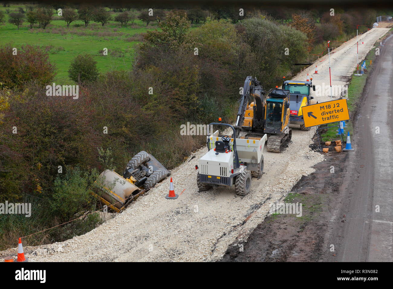 An overturned Bomag 213DH compaction roller on a construction site in Doncaster,South Yorkshire ...