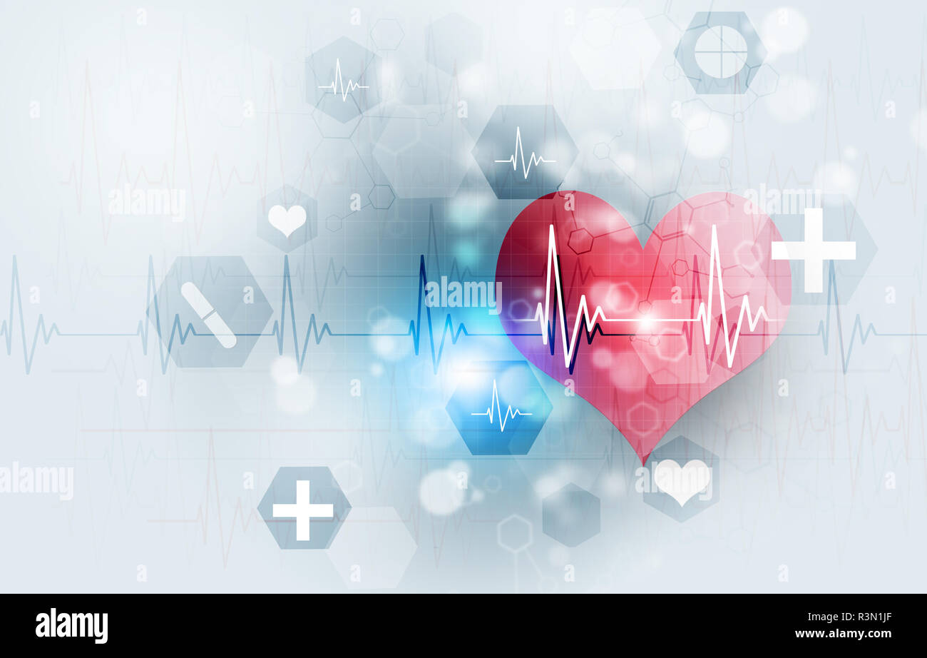 technology and science medical illustration with red heart cardiogram ...