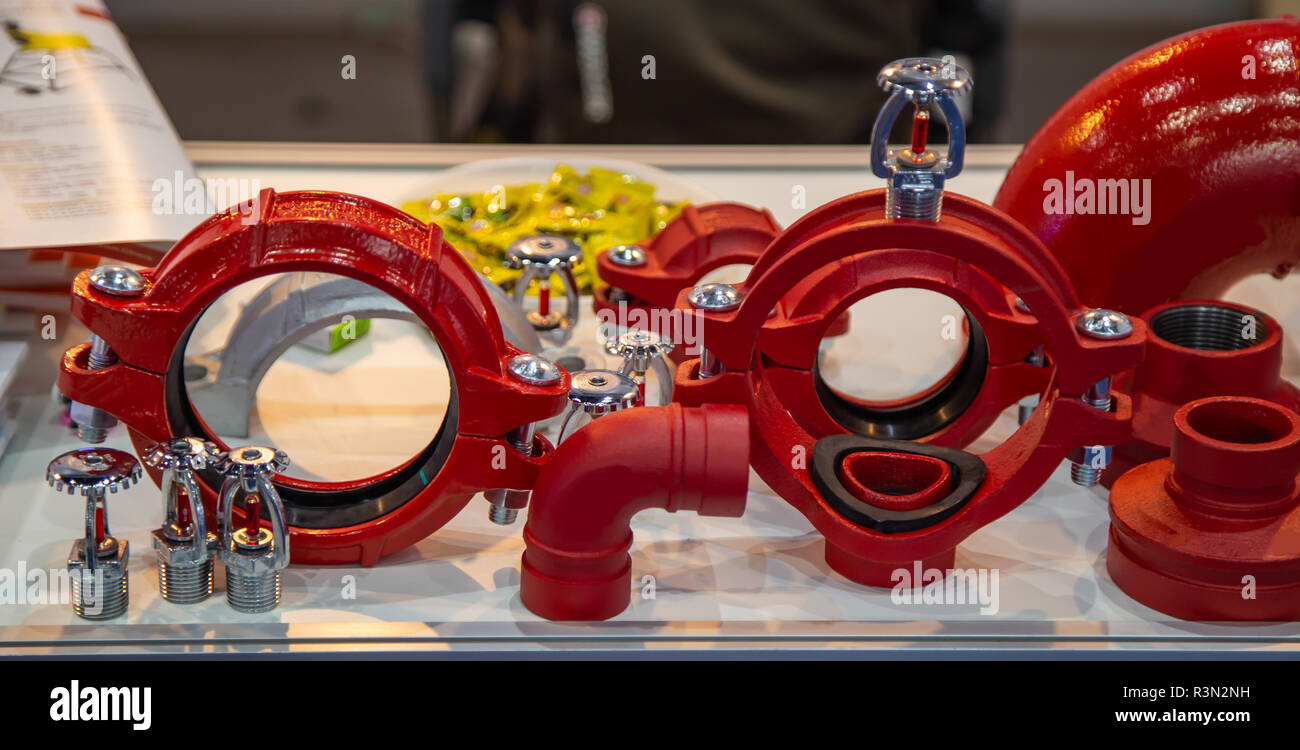Fire fighting pipe groove fitting and spray nozzle Stock Photo - Alamy