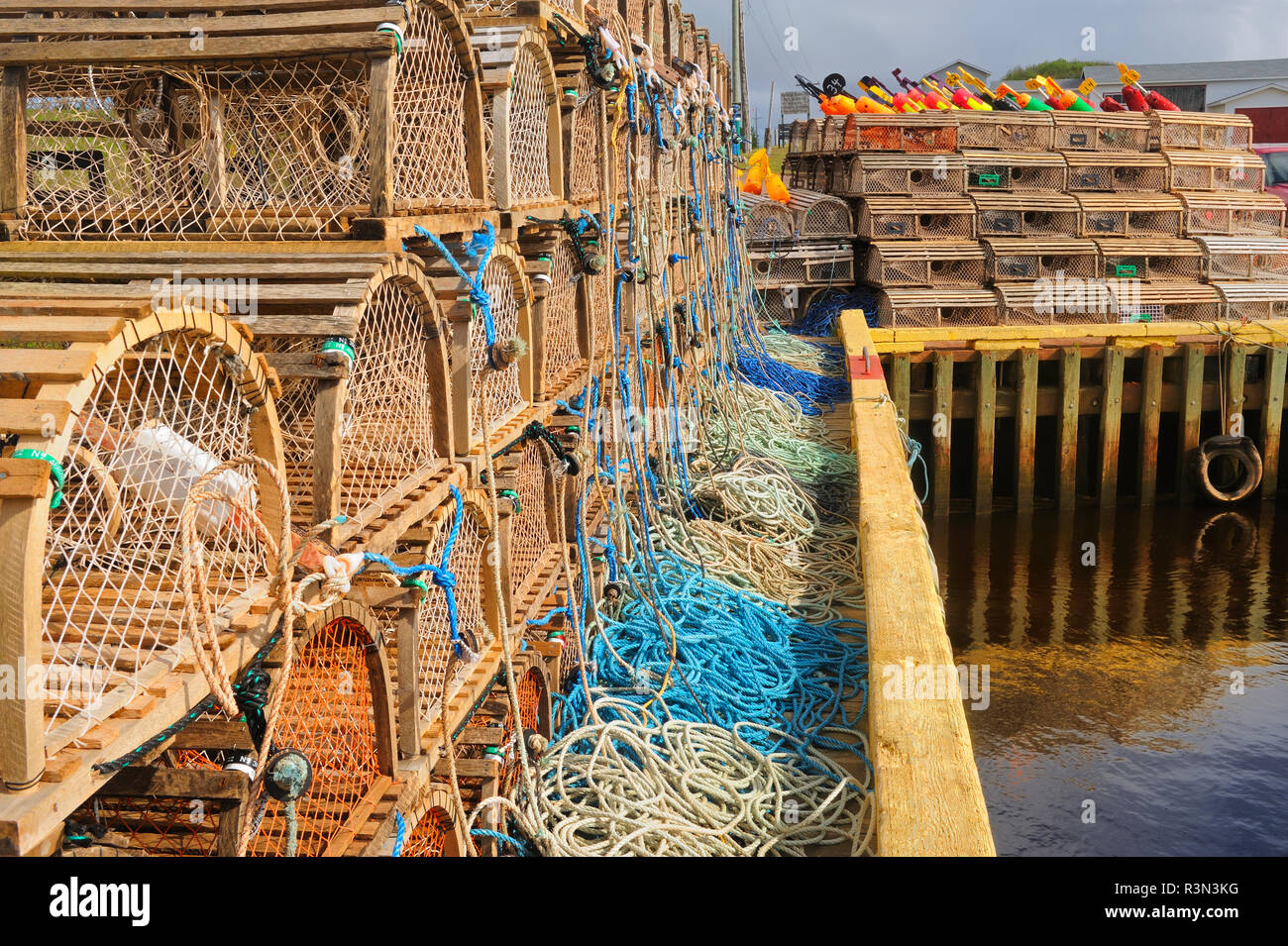 Canada, Prince Edward Island, Seacow Pond. Stacked lobster traps and ...