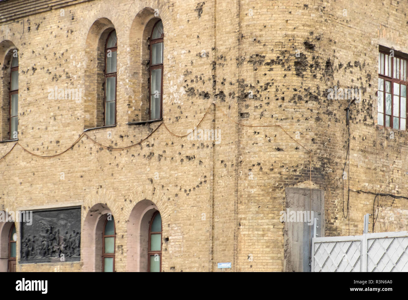 Bullet holes in a brick wall of a building in Kiev, Ukraine Stock Photo ...