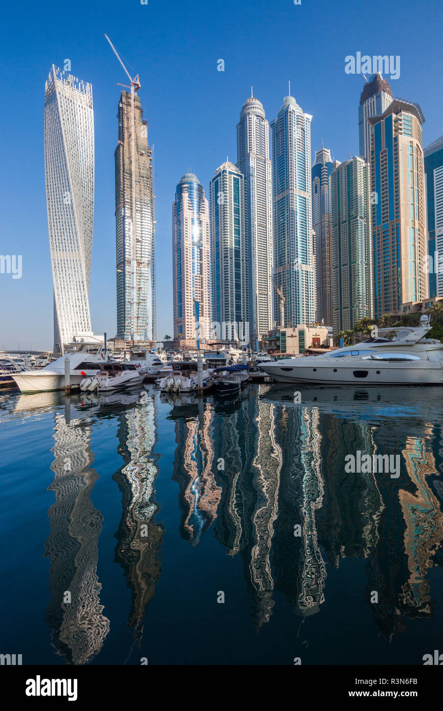 UAE, Dubai Marina high-rise buildings including the twisted Cayan Tower ...
