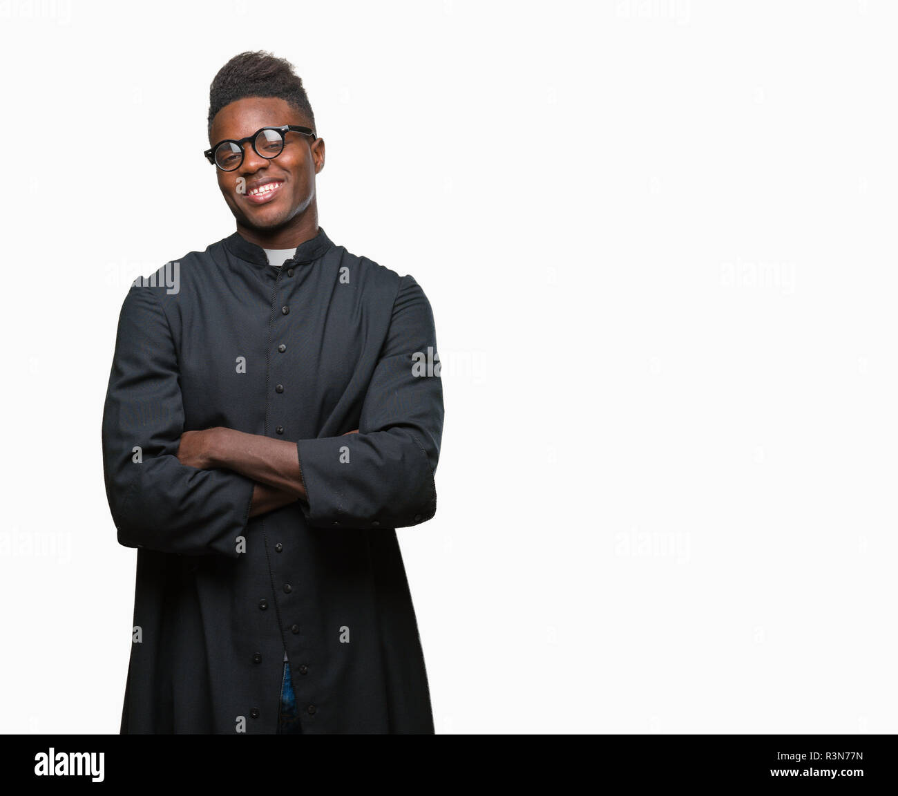 Young african american priest man over isolated background happy face ...