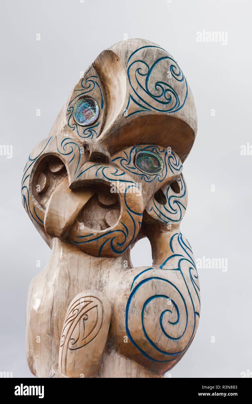 New Zealand, South Island, West Coast, Franz Josef, Maori carved figure ...