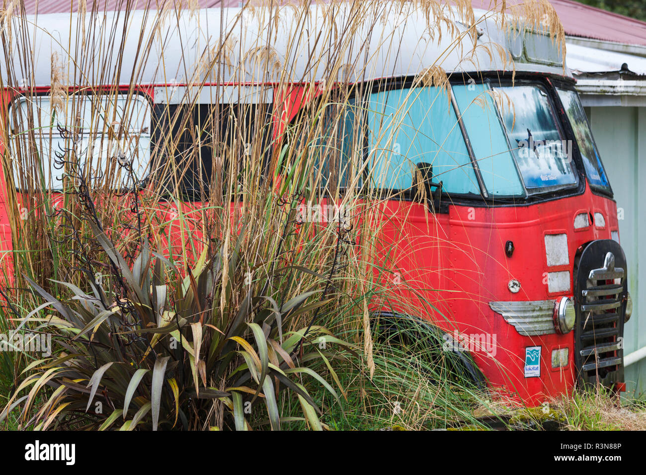 New Zealand, South Island, West Coast, Franz Josef, old red bus Stock ...