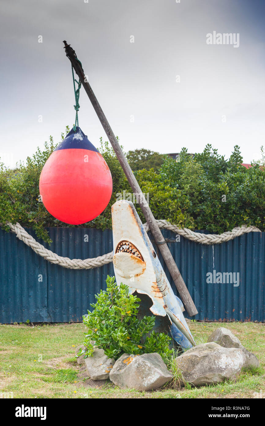 New Zealand, South Island, Otago, Moeraki, shark and float sculpture ...