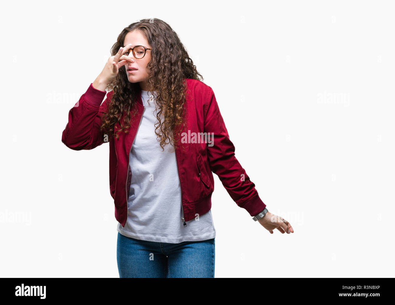 Beautiful Brunette Curly Hair Young Girl Wearing Jacket And Glasses
