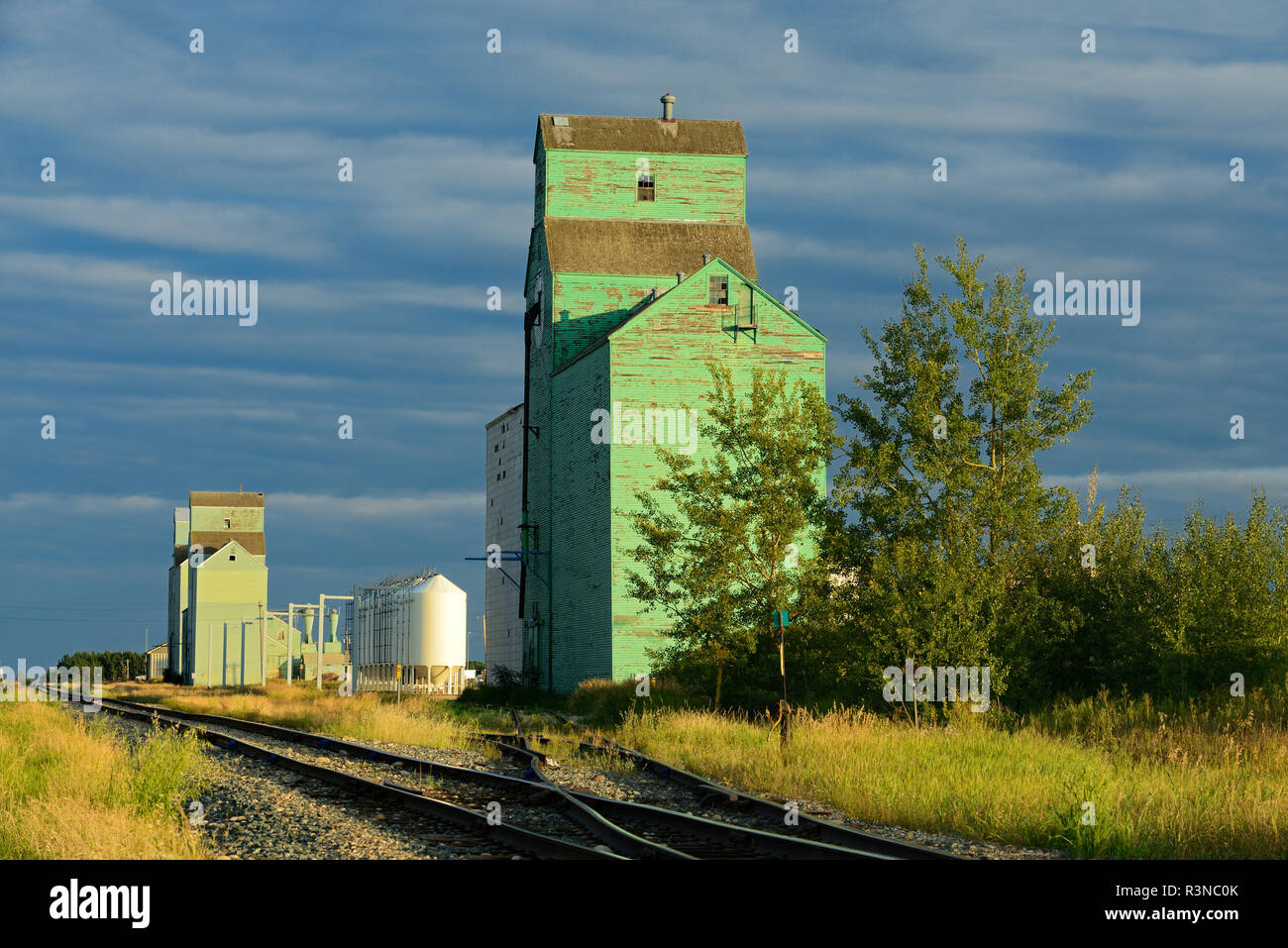Canada, Alberta, Sexsmith. Grain elevators next to railroad tracks Stock Photo - Alamy