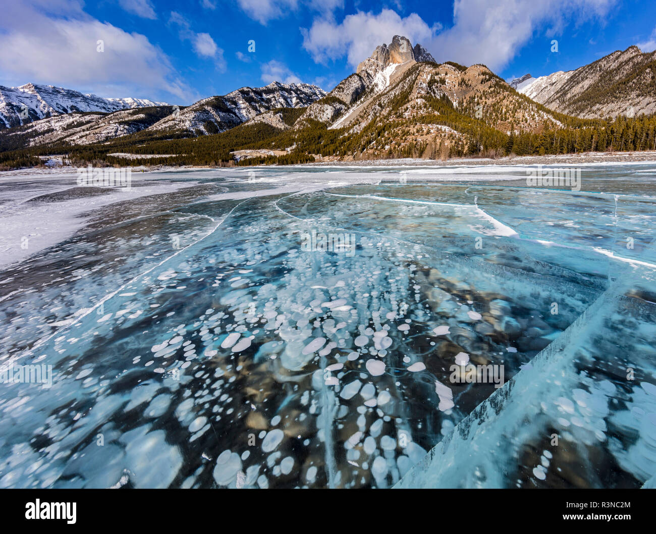 Mt. Abraham at sunrise and methane ice bubbles under clear ice on ...