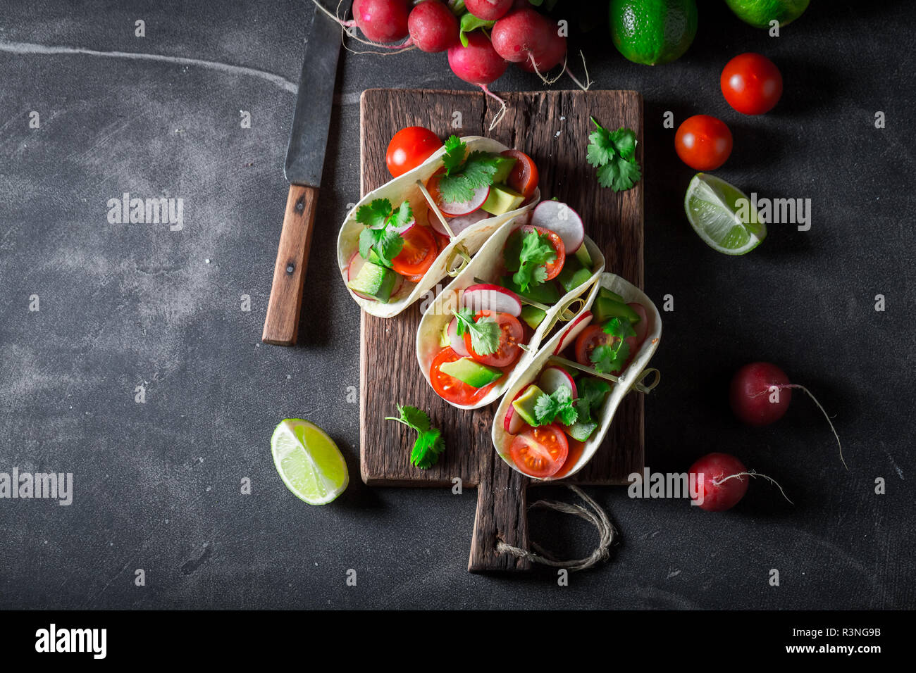 Top view of mexican tacos on concrete table Stock Photo - Alamy