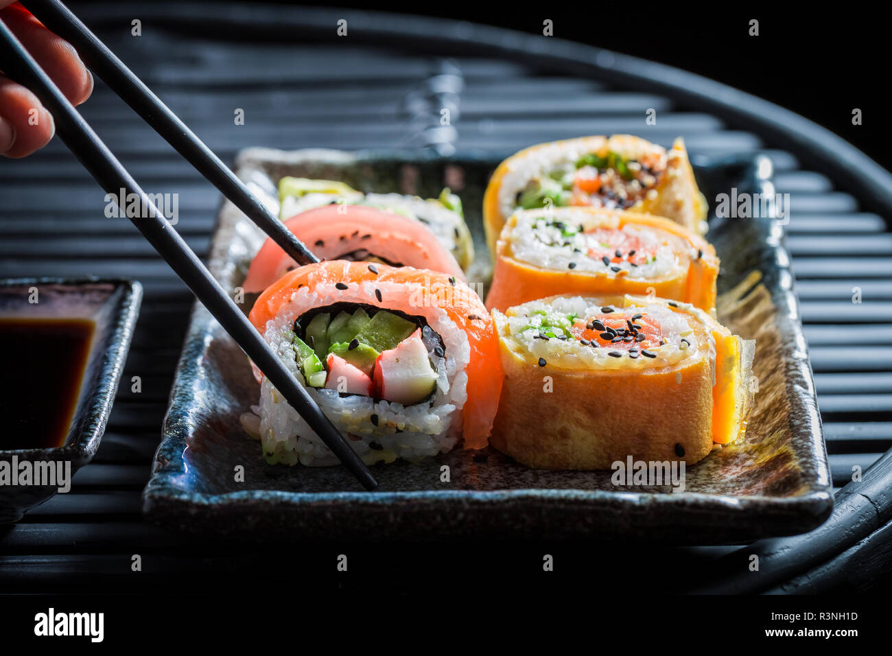 Tasting sushi set made of fresh vegetables and seafood Stock Photo - Alamy