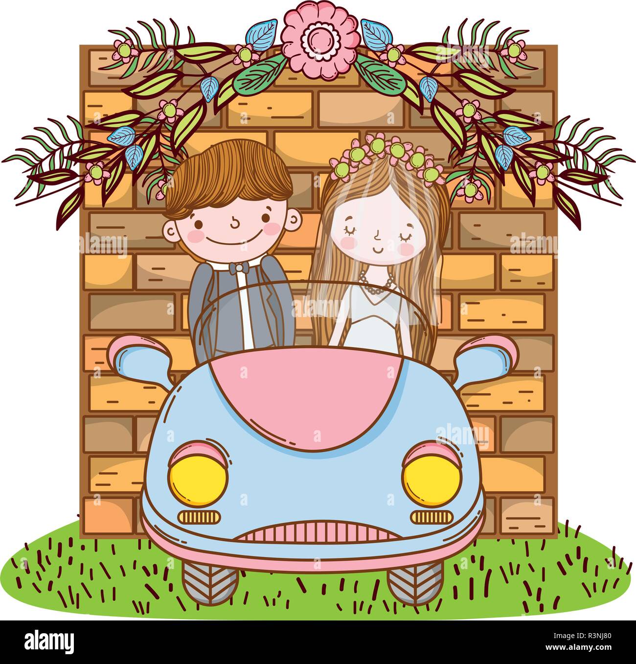 wedding couple on vintage car cute over bricks wall cartoons vector ...