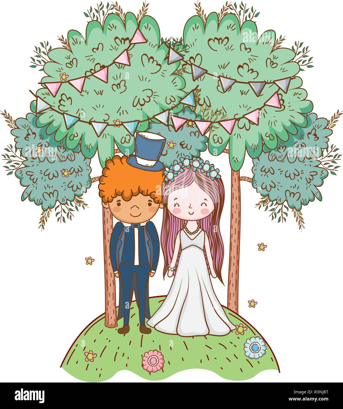couple wedding on nature landscape cute cartoon vector illustration ...