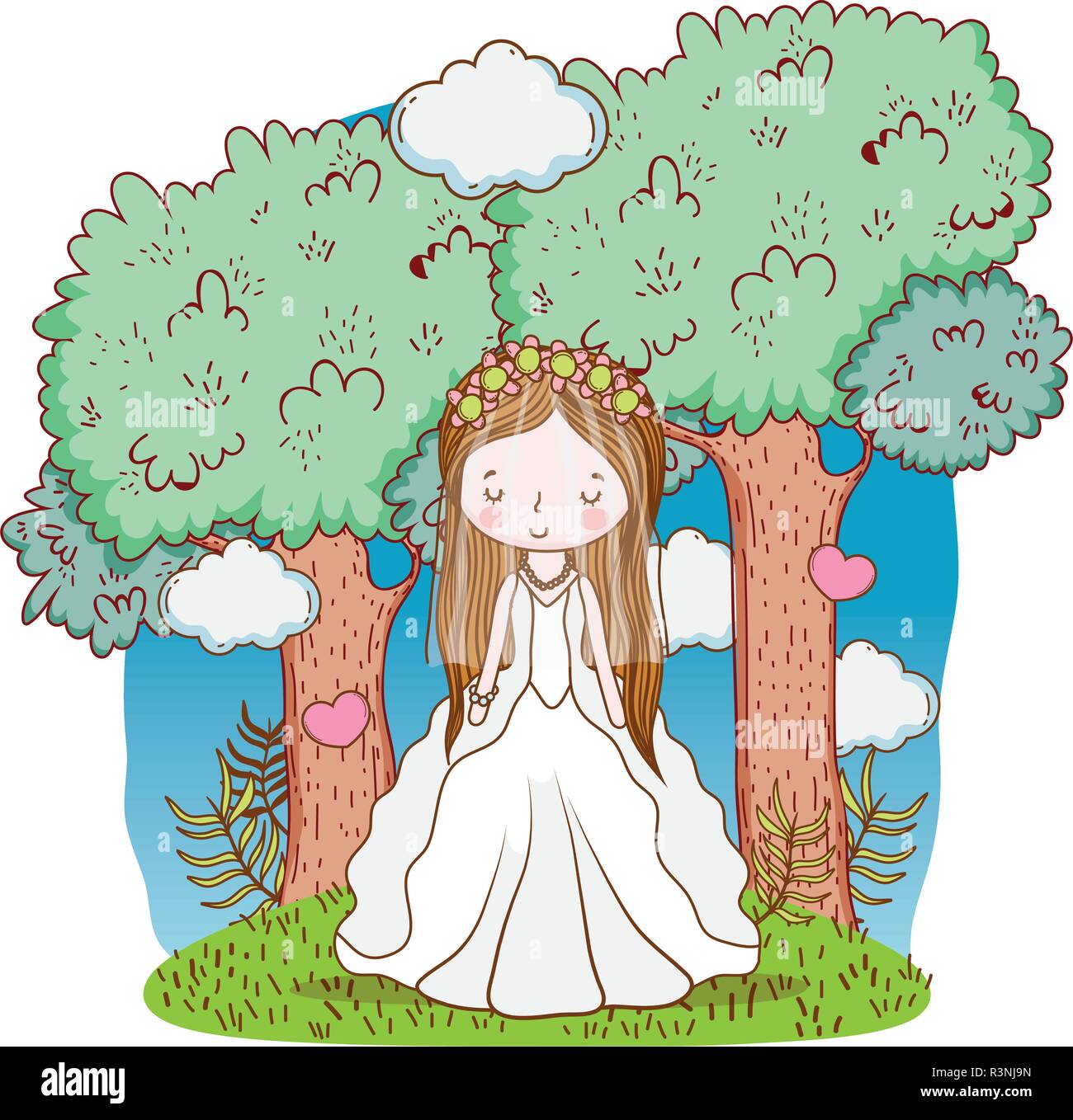 bride wedding cute with dress at forest cartoon vector illustration ...