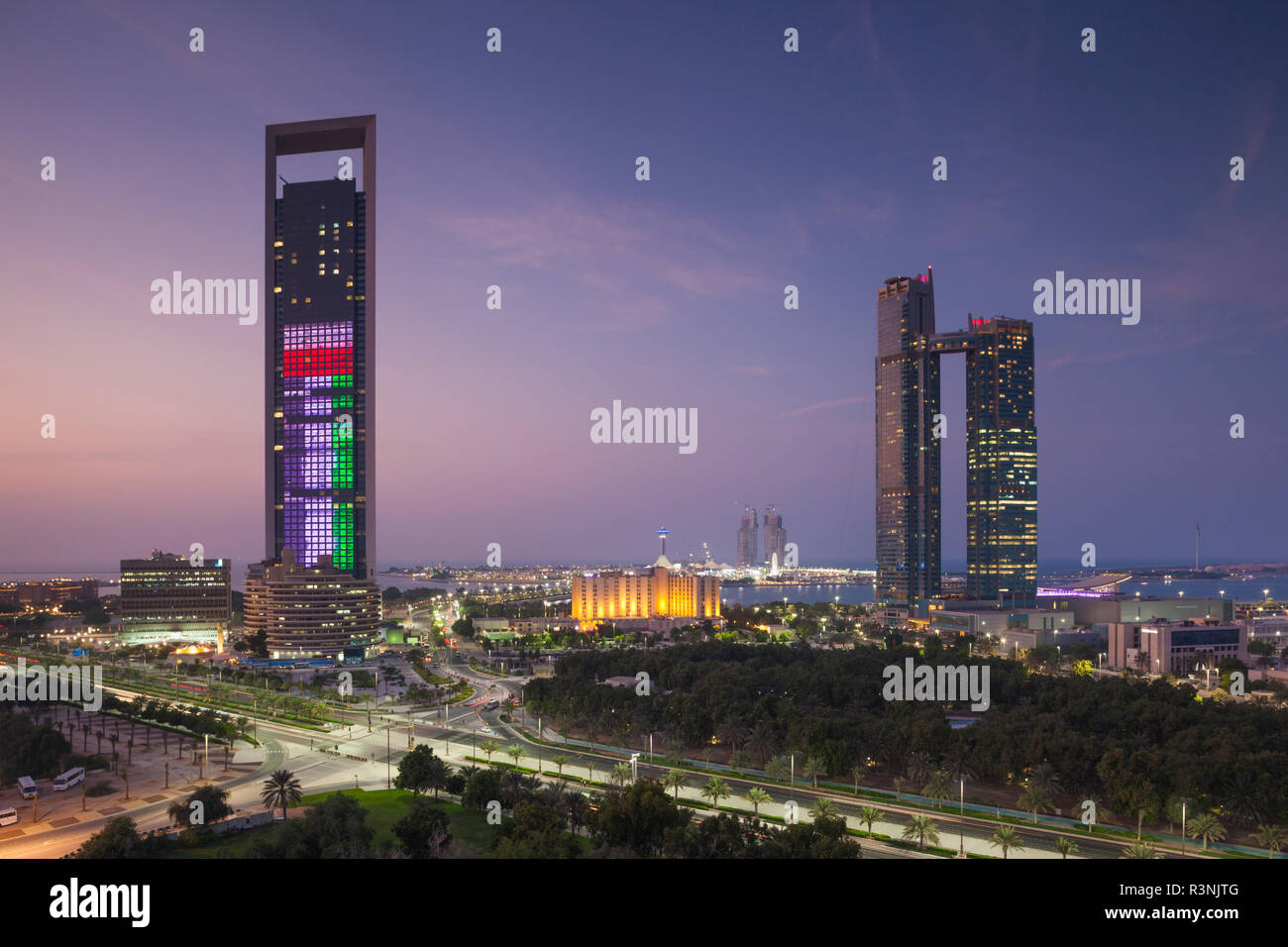UAE, Abu Dhabi. ADNOC Tower and Nations Tower, elevated view Stock ...