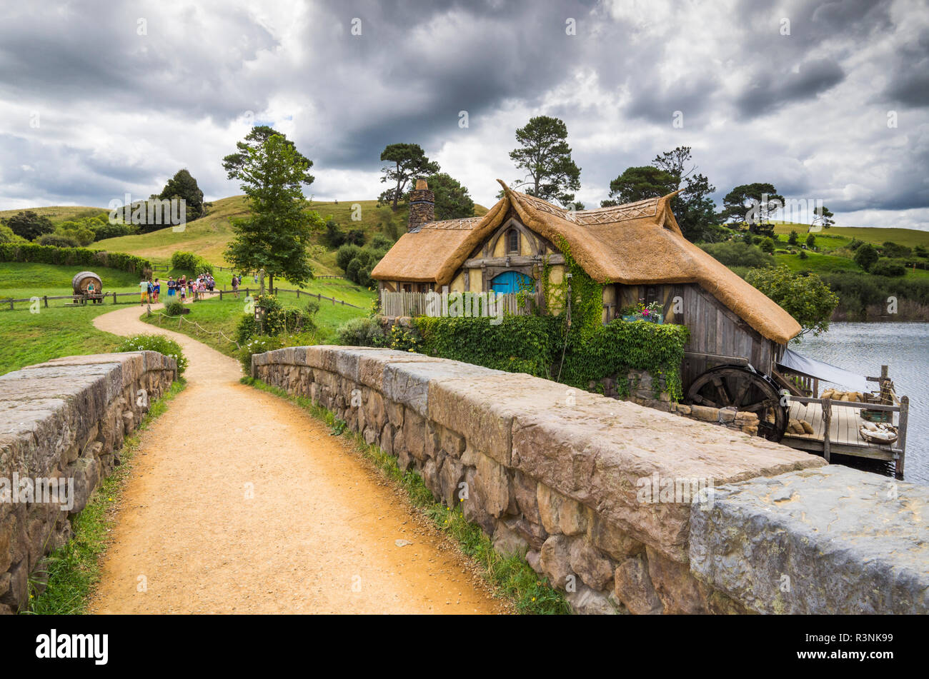 New Zealand, North Island, Matamata. Hobbit on movie set, Hobbit bridge ...