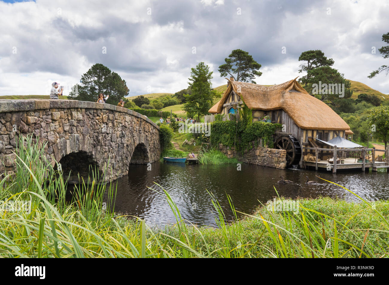 New Zealand, North Island, Matamata. Hobbit on movie set, Hobbit bridge ...