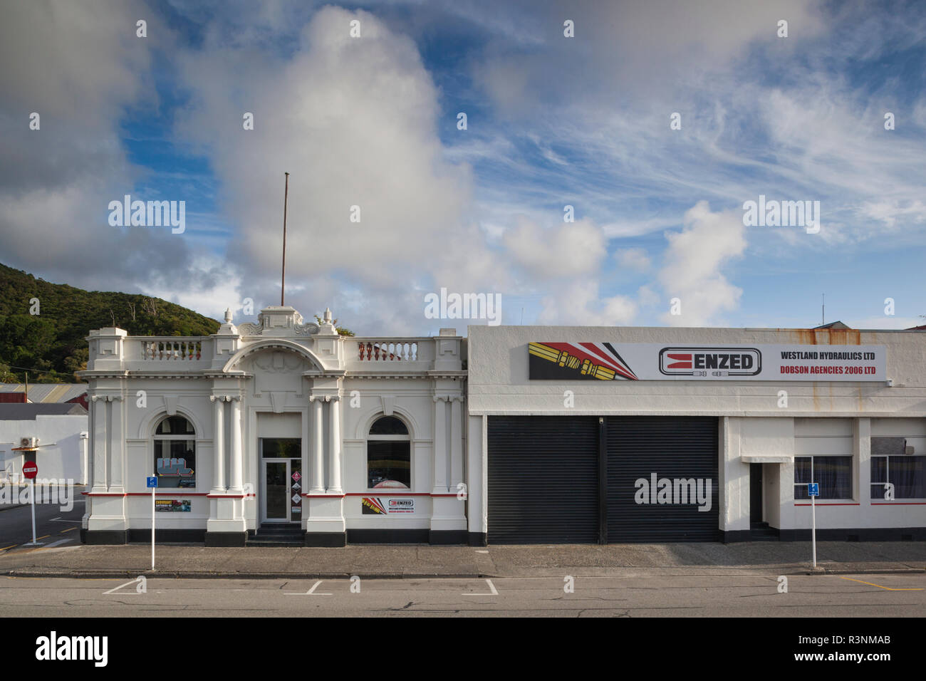 New Zealand, South Island, West Coast, Greymouth, downtown buildings ...