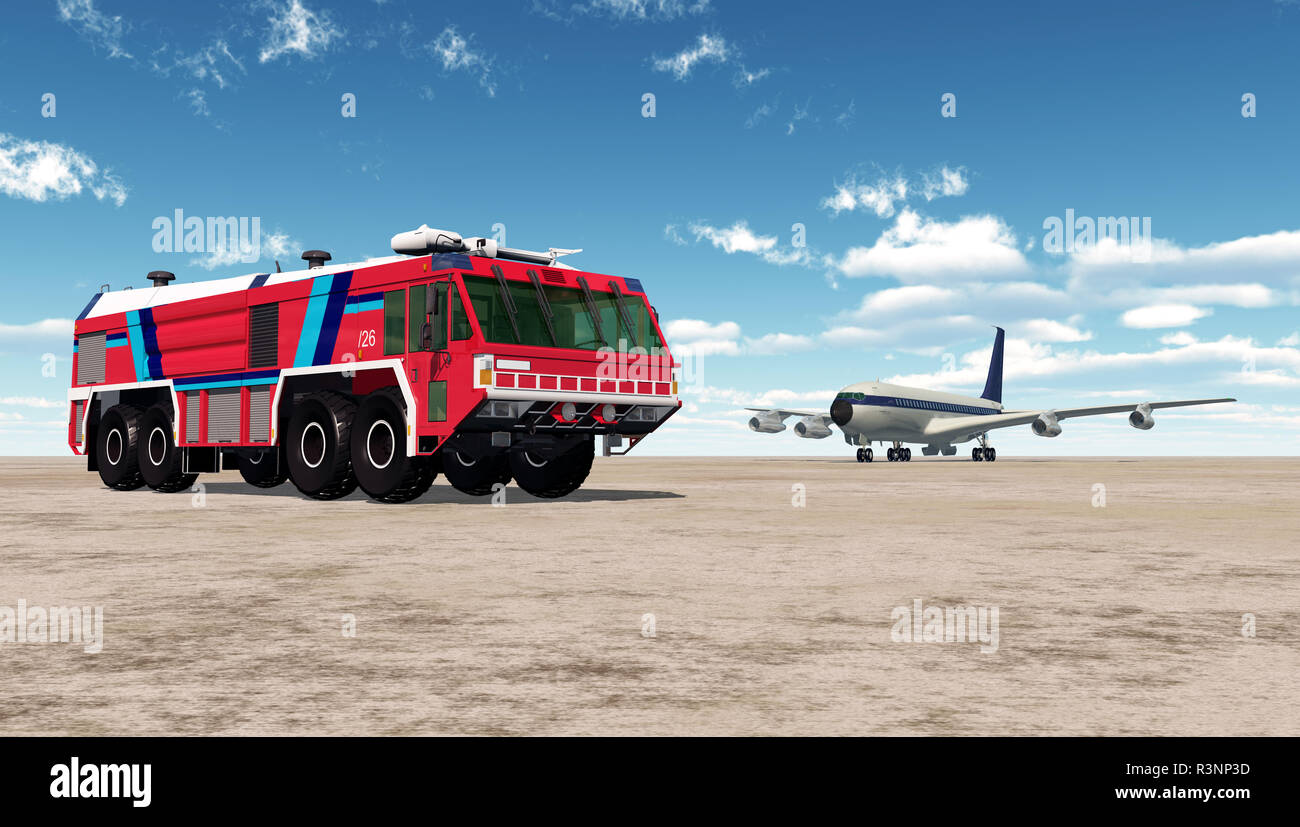 airport fire engine and passenger aircraft Stock Photo - Alamy