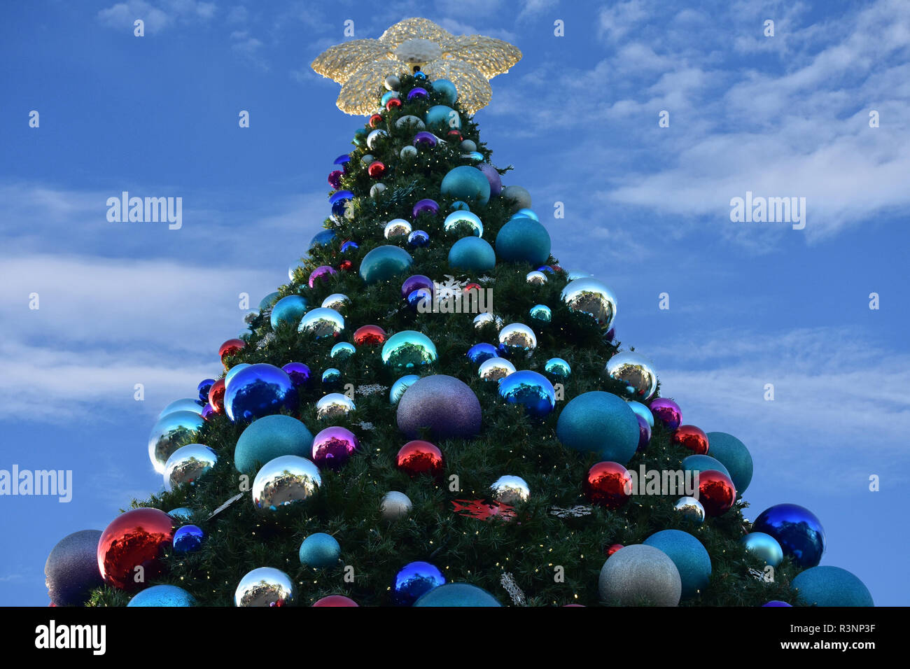 Orlando, Florida. November 17, 2018. Decorated Christmas tree lightblue ...