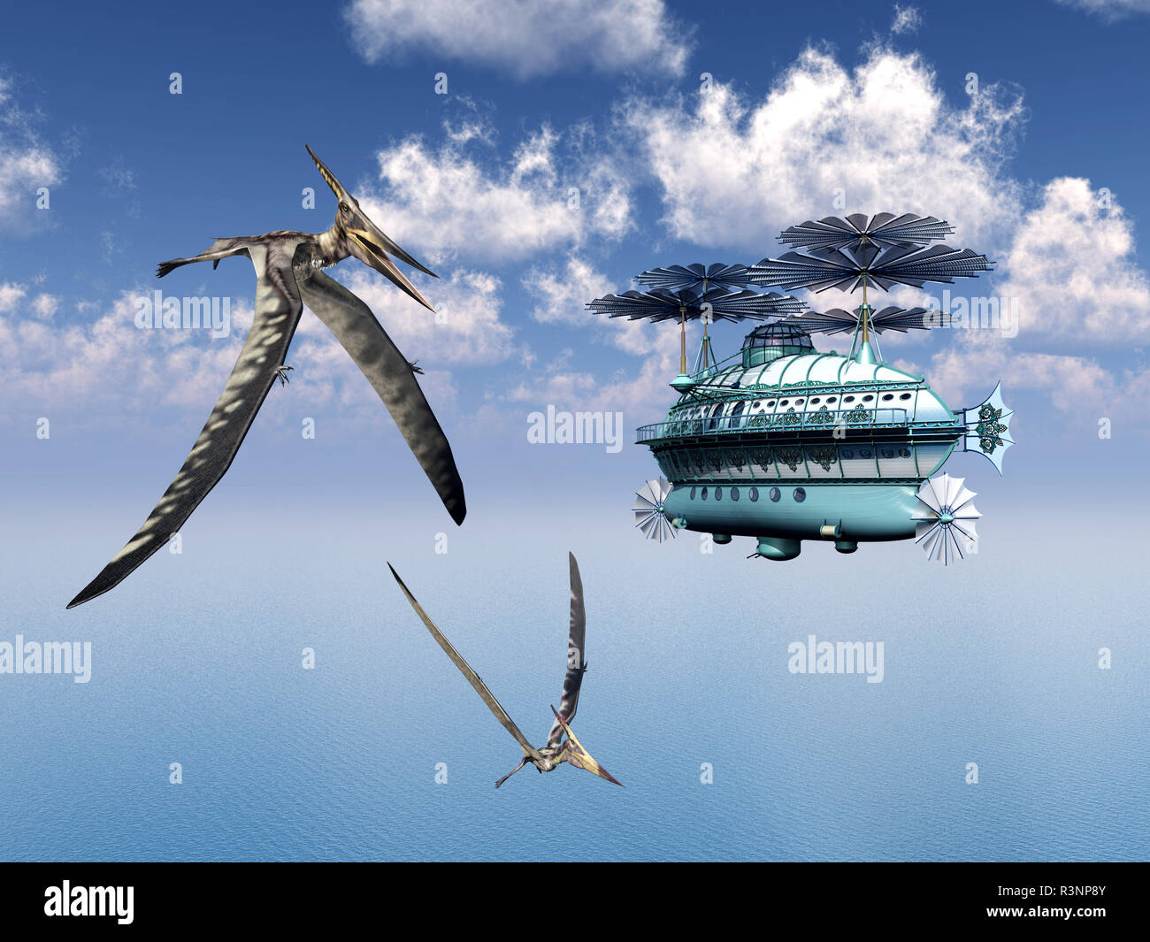 fantasy airship and the pterosaur pteranodon Stock Photo - Alamy