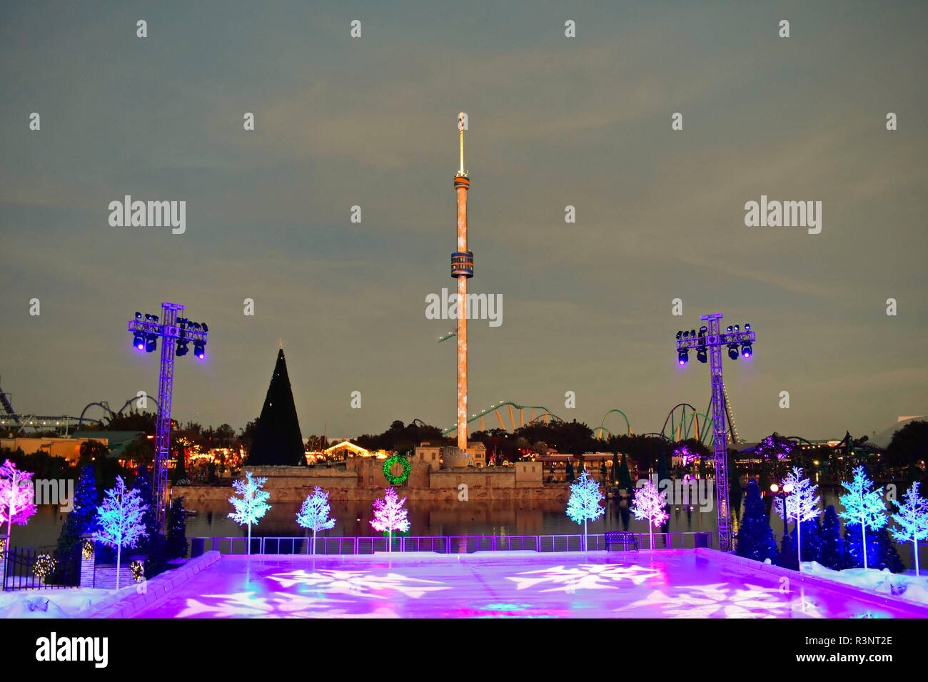 Orlando, Florida. November 20 , 2018. Ice skating scene and colorful ...