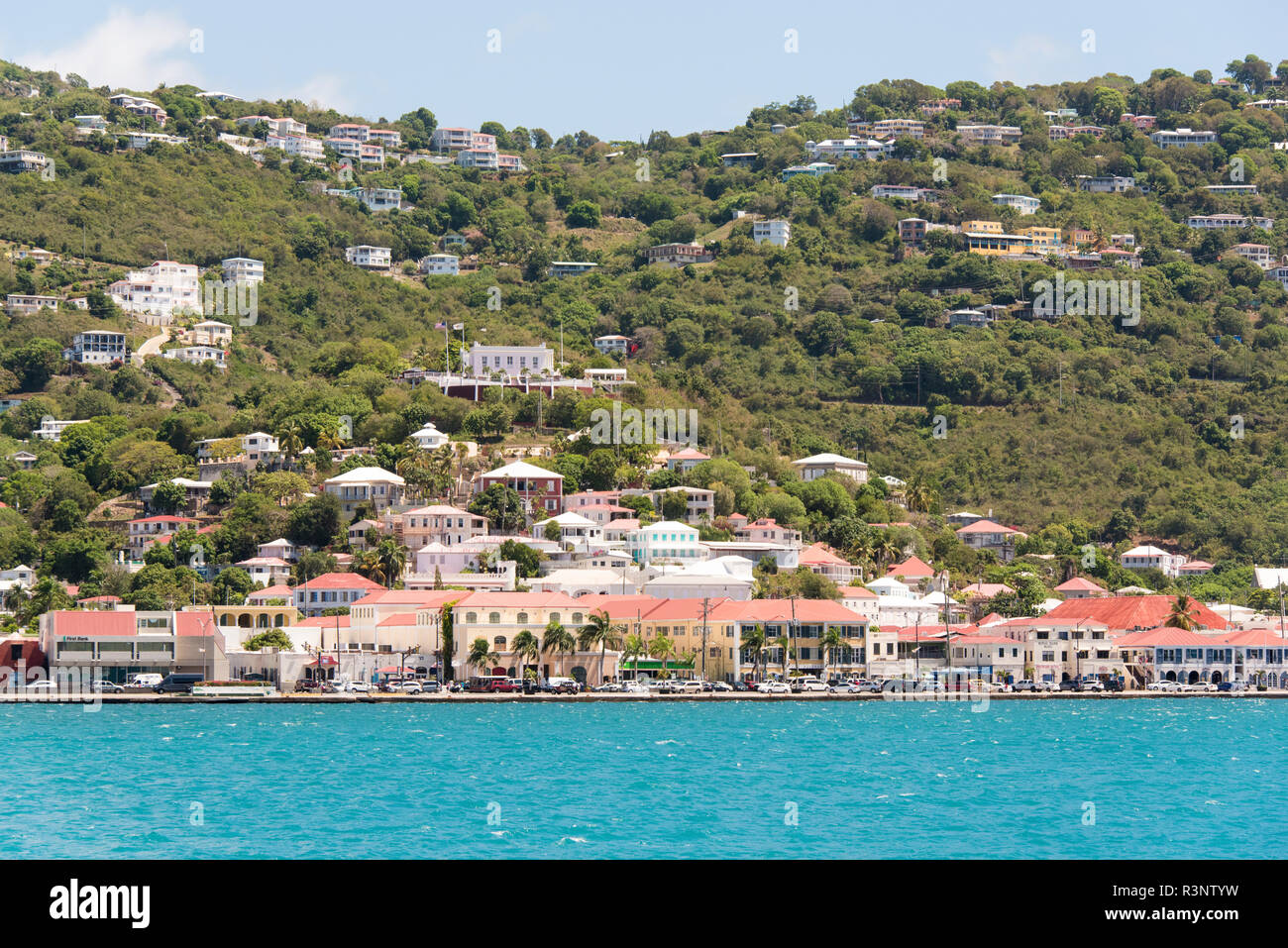 US Virgin Islands. St. Thomas. Charlotte Amalie buildings make pyramid ...