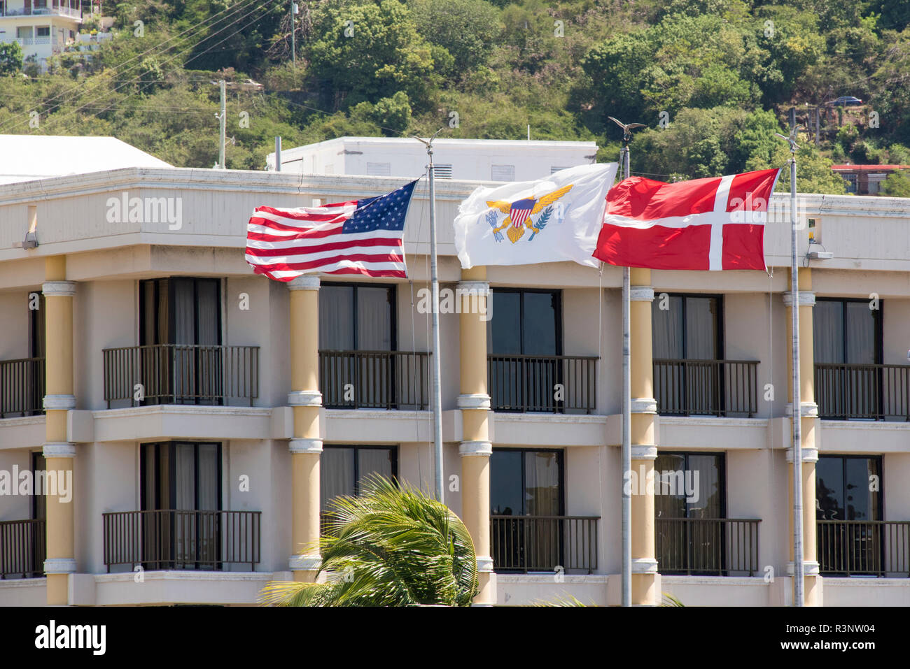 US Virgin Islands. St. Thomas. Flags flying in stiff wind Veterans ...