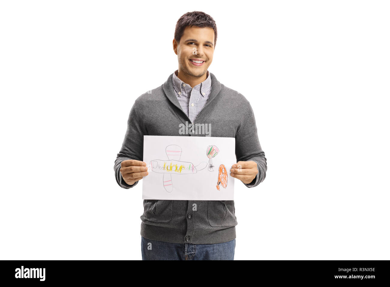Smiling young man holding a drawing isolated on white background Stock ...