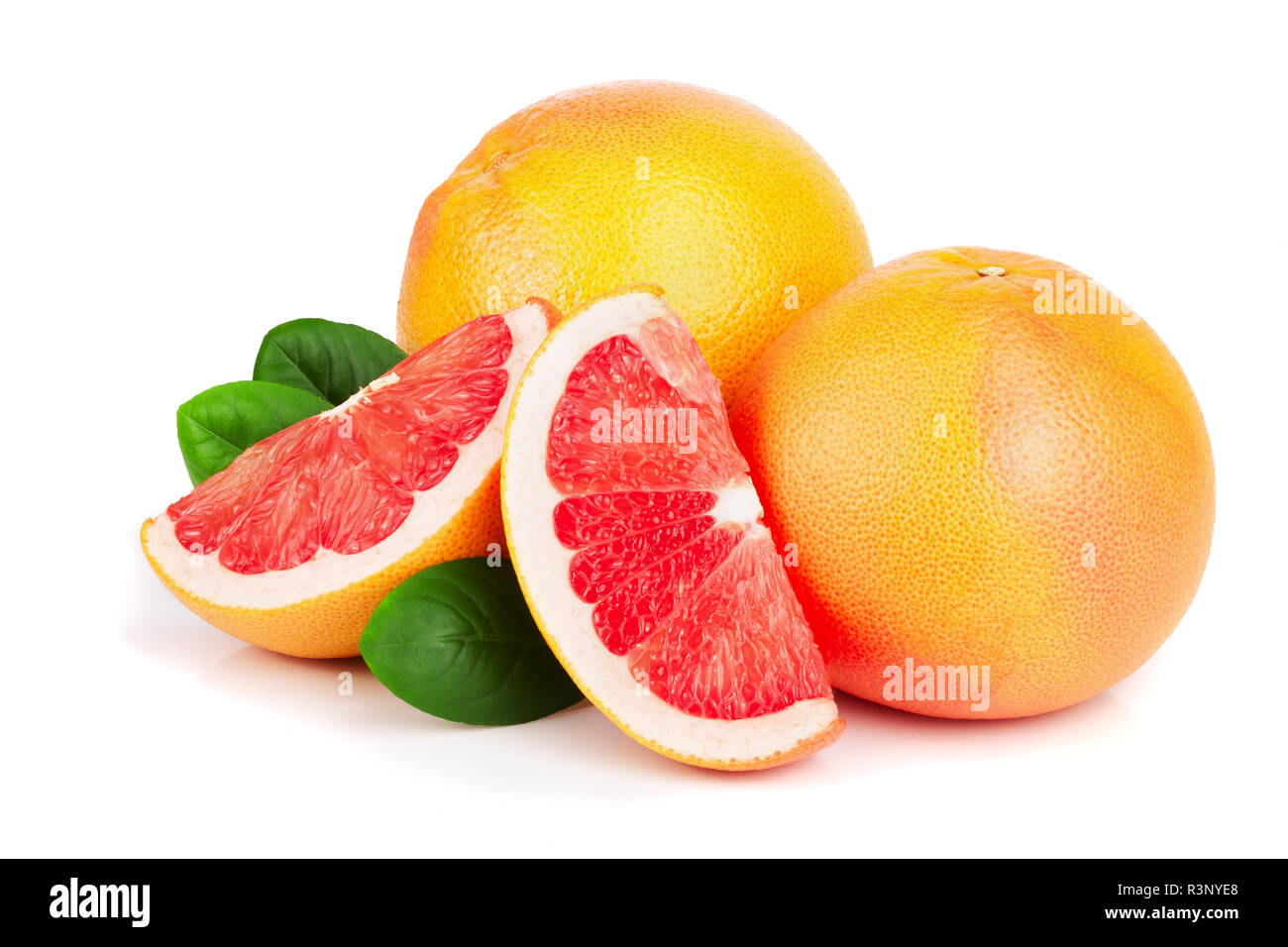 grapefruit and slices with leaves isolated on white background Stock ...