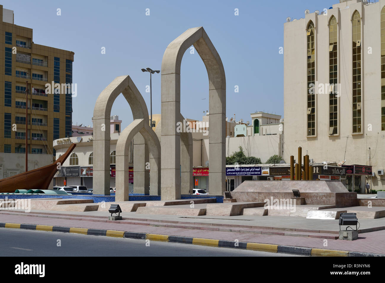 Ajman, UAE - April 6. 2018. Monument on Sheikh Rashid Bin Humaid Street ...