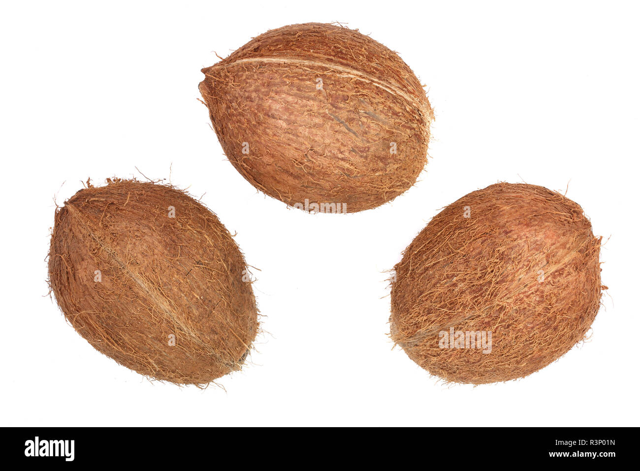 three whole coconut isolated on white background. Flat lay. Top view ...