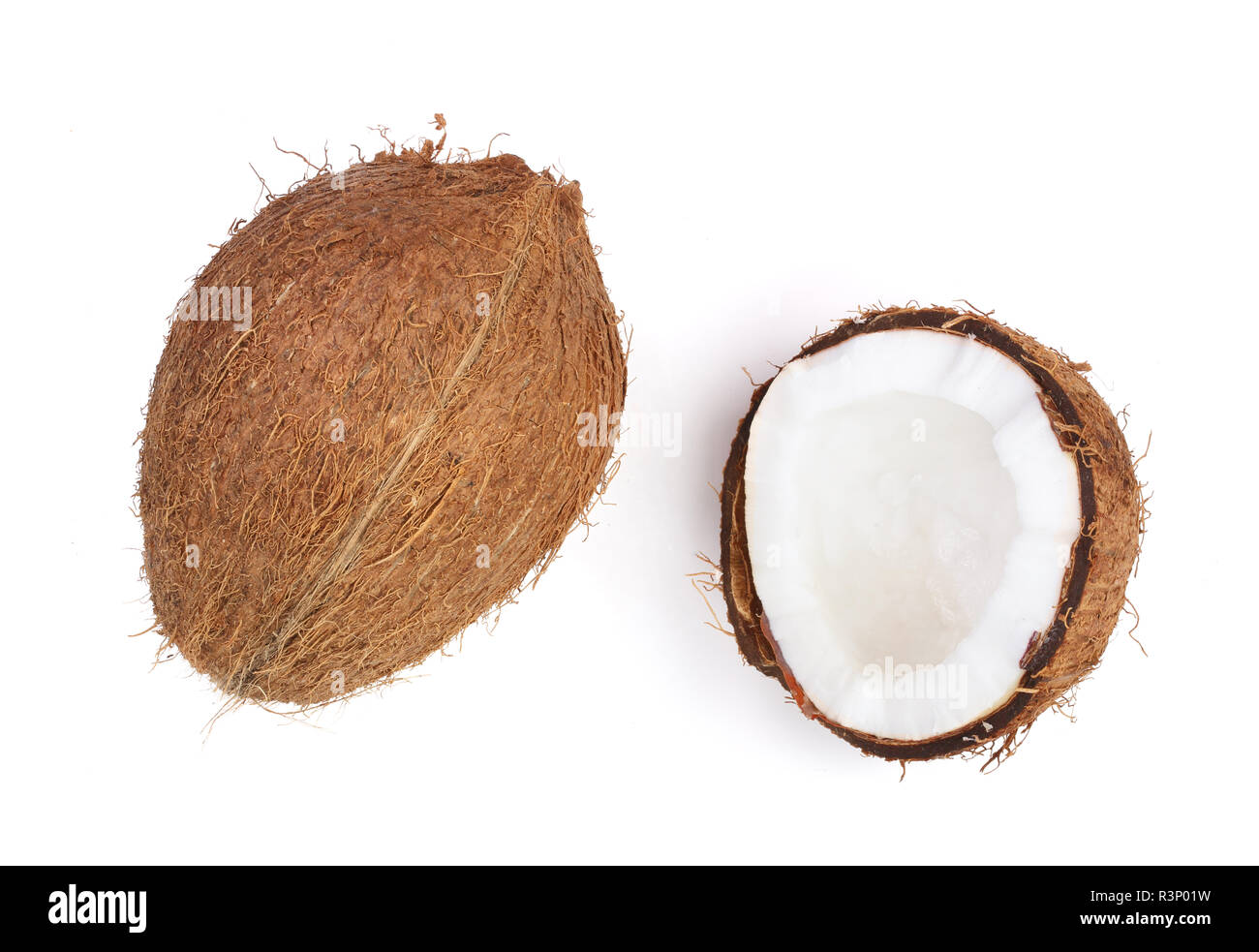 whole coconut with half isolated on white background. Flat lay. Top ...