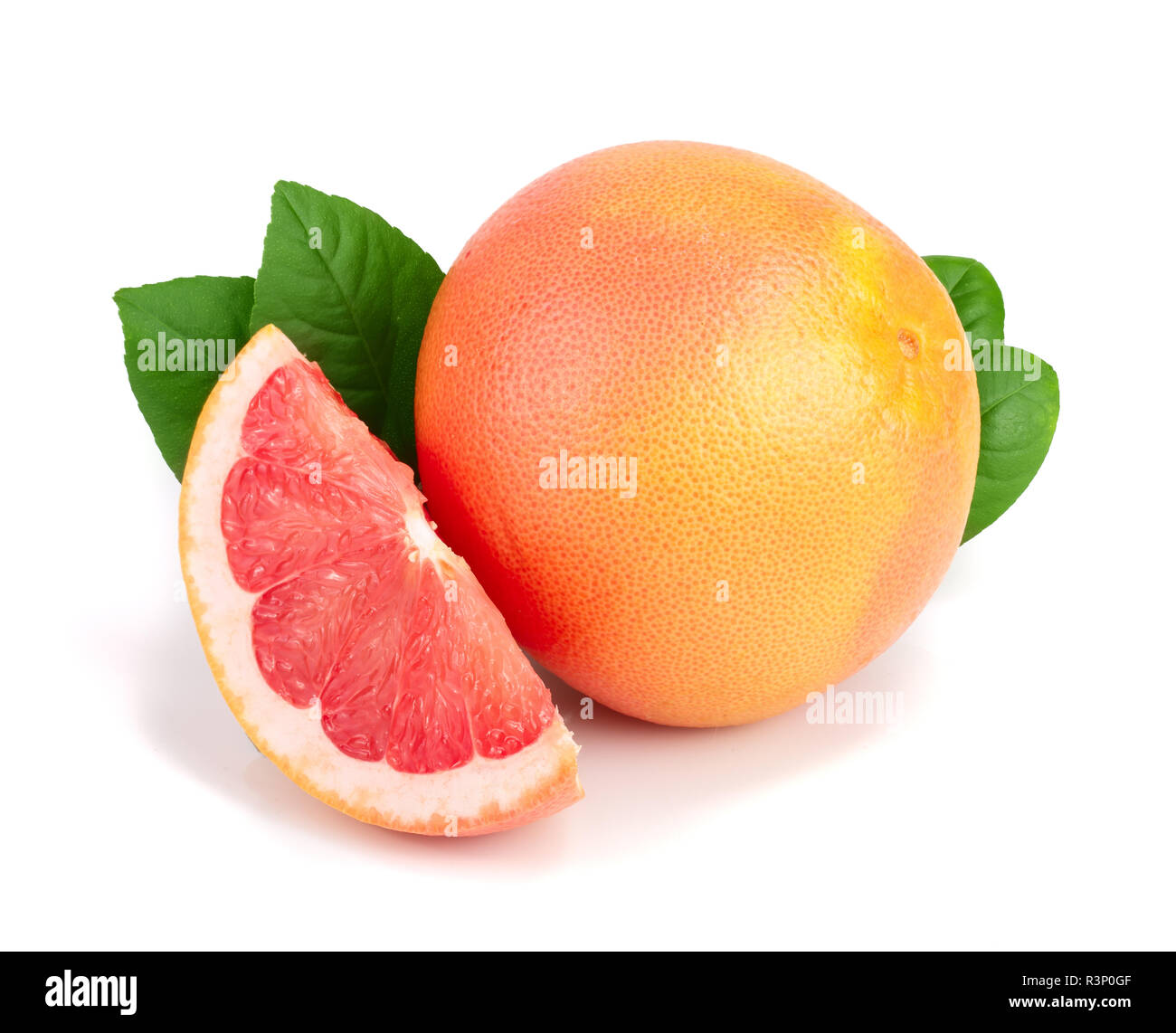 grapefruit and slice with leaves isolated on white background Stock ...