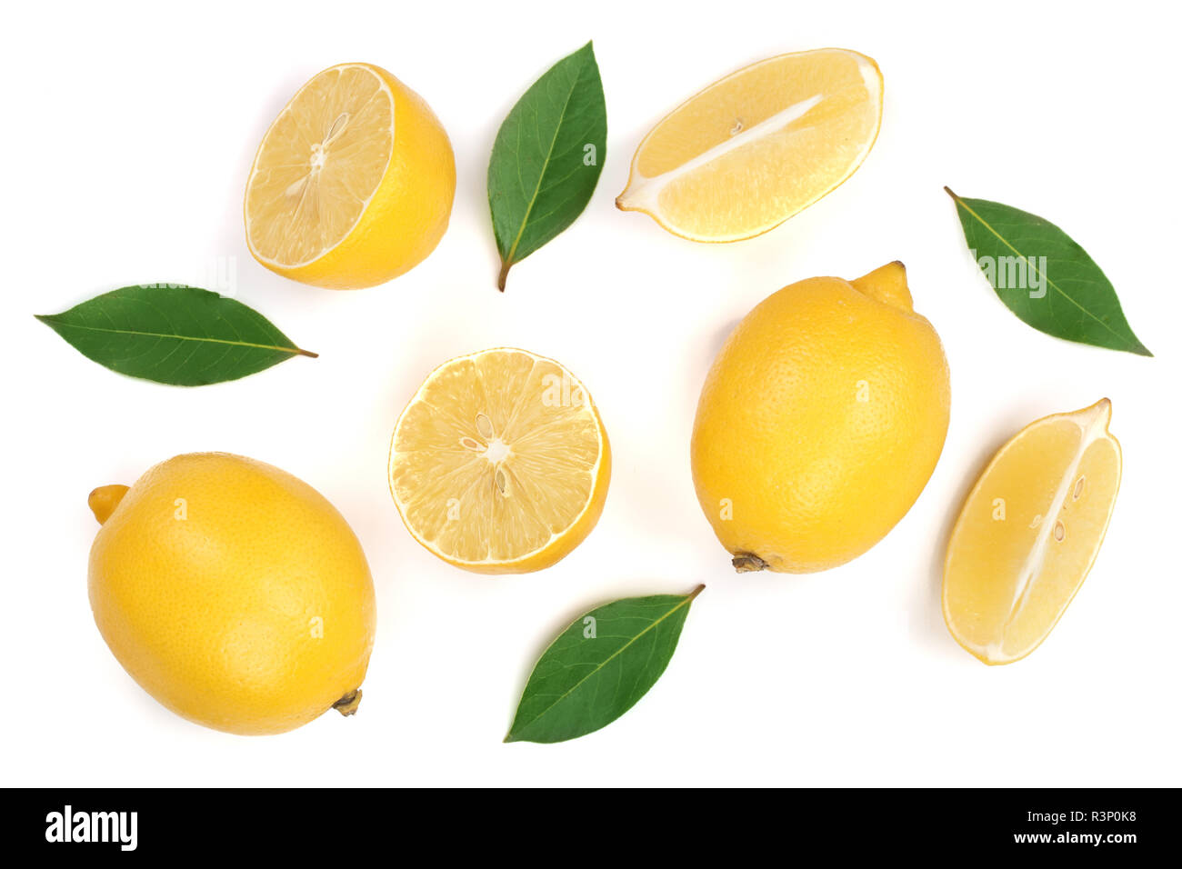 lemon and slices with leaf isolated on white background. Flat lay, top ...