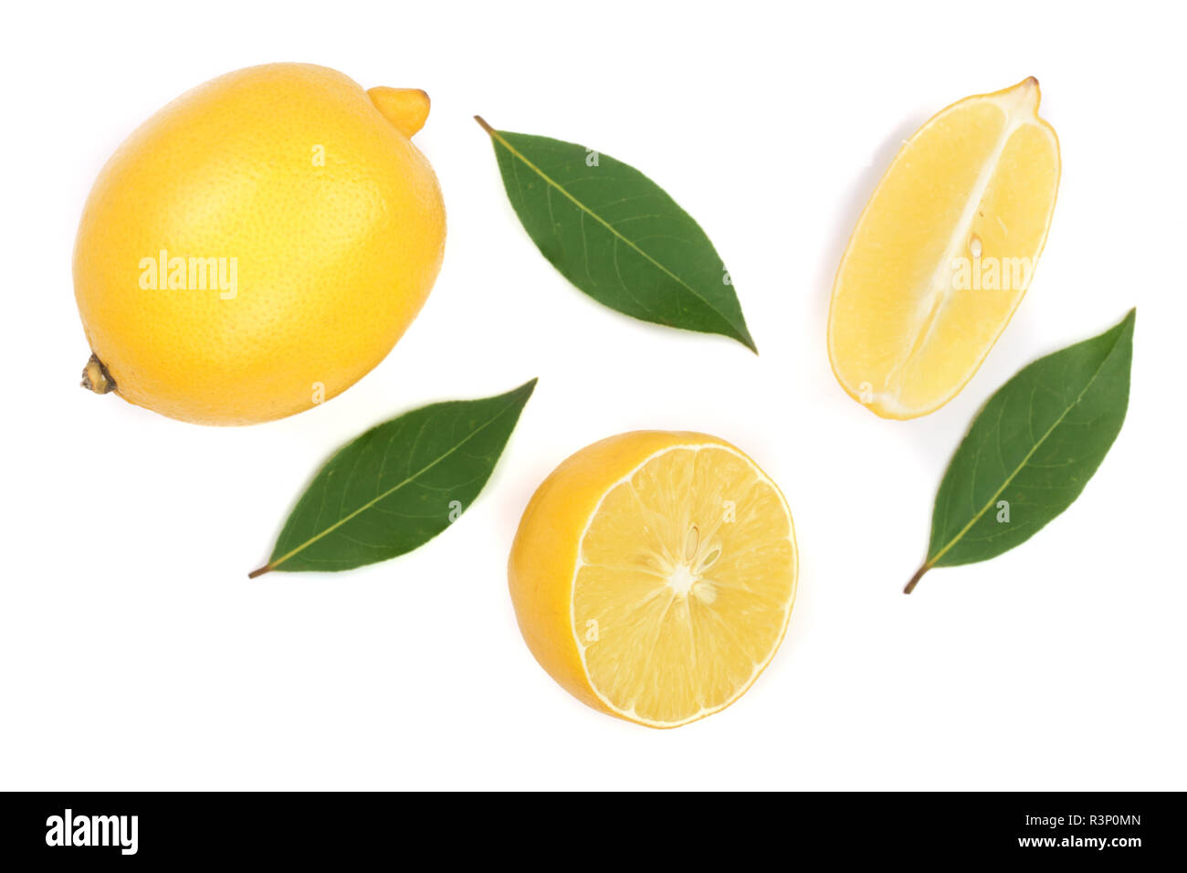 lemon and slices with leaf isolated on white background. Flat lay, top ...