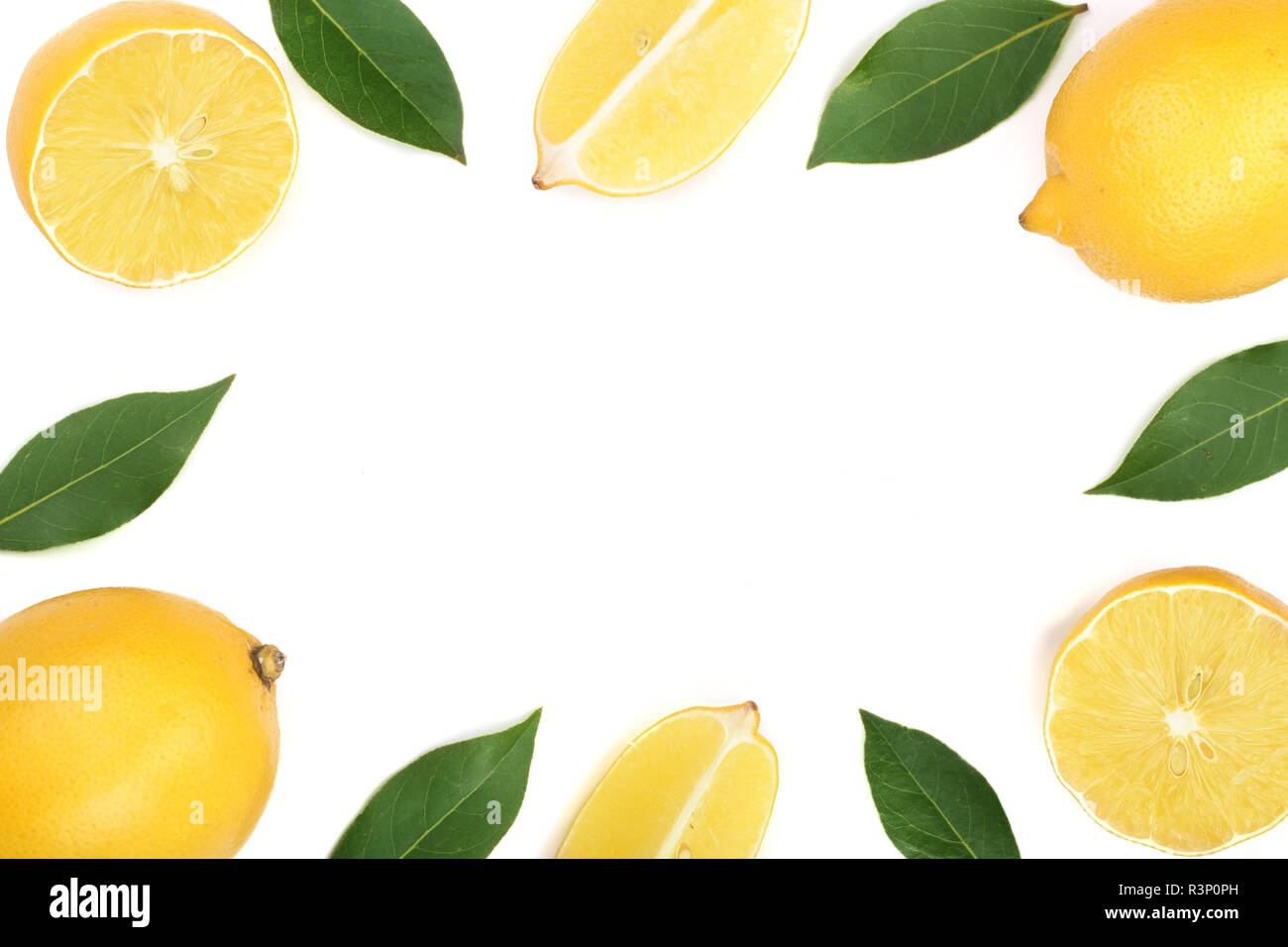 frame of lemon with leaves isolated on white background with copy space ...