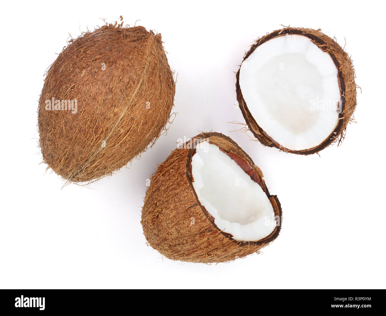 whole coconut with half isolated on white background. Flat lay. Top ...